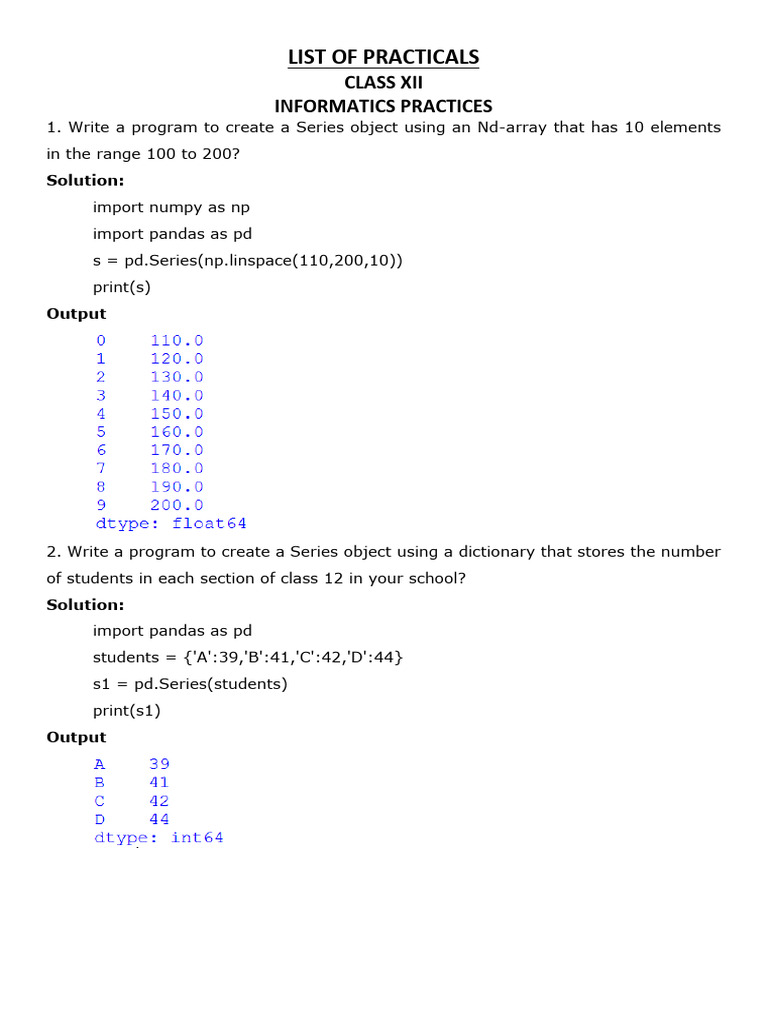 CLASS XII - IP List of Practicals With Coding 2020 | PDF | Data ...