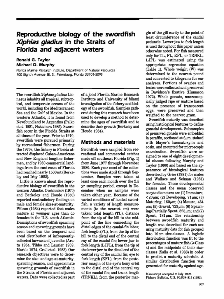 Swordfish Reproductive Biology in Florida | PDF | Fish