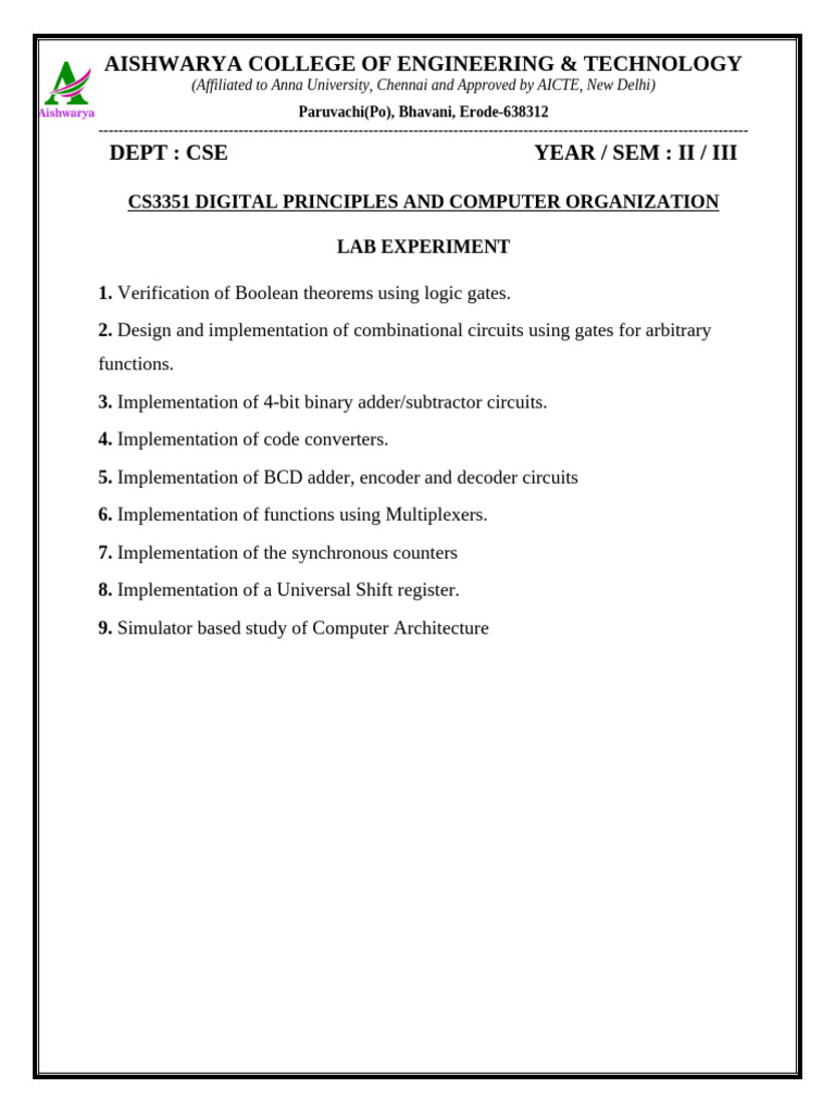 CSE Lab Experiments Overview at Aishwarya College | PDF | Transmission ...