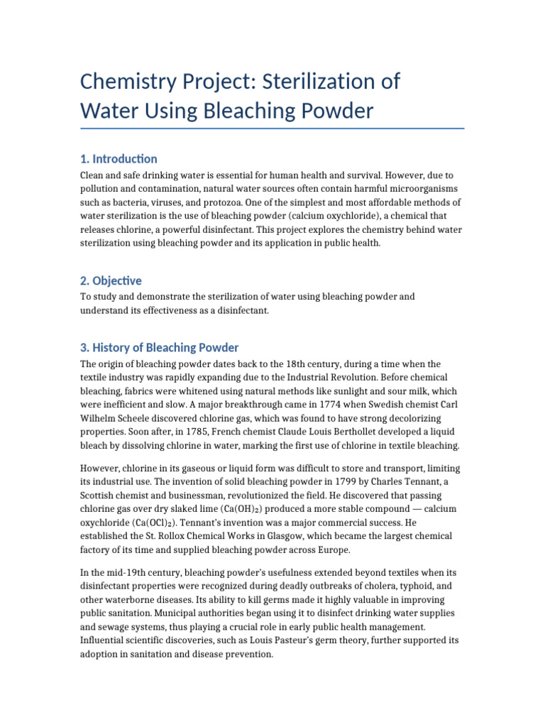 Sterilization of Water Project | PDF | Bleach | Chlorine