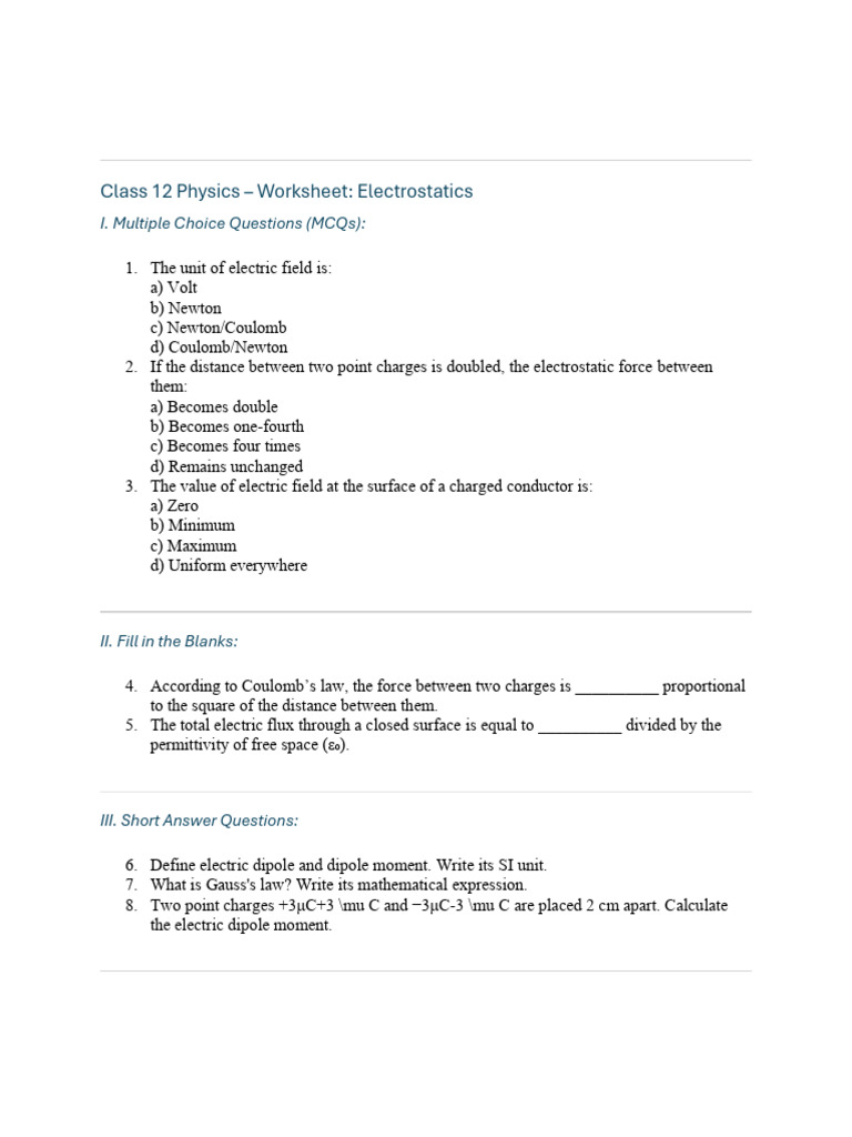 Class 12 Physics - Worksheet: Electrostatics: I. Multiple Choice ...