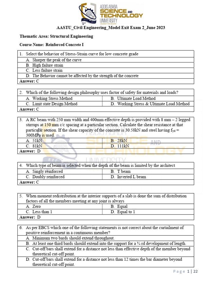 @ExitExamPrep AASTU Civil Engineering Model Exit Exam 2023 | PDF | Beam ...