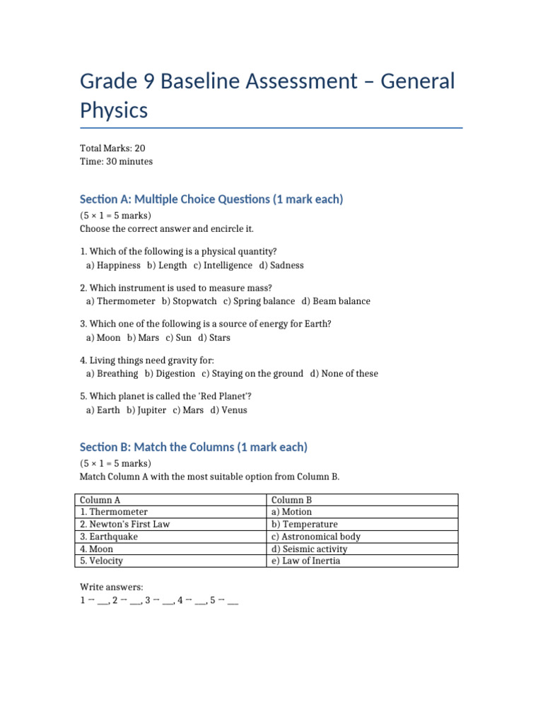 Grade 9 Physics Baseline Assessment | PDF