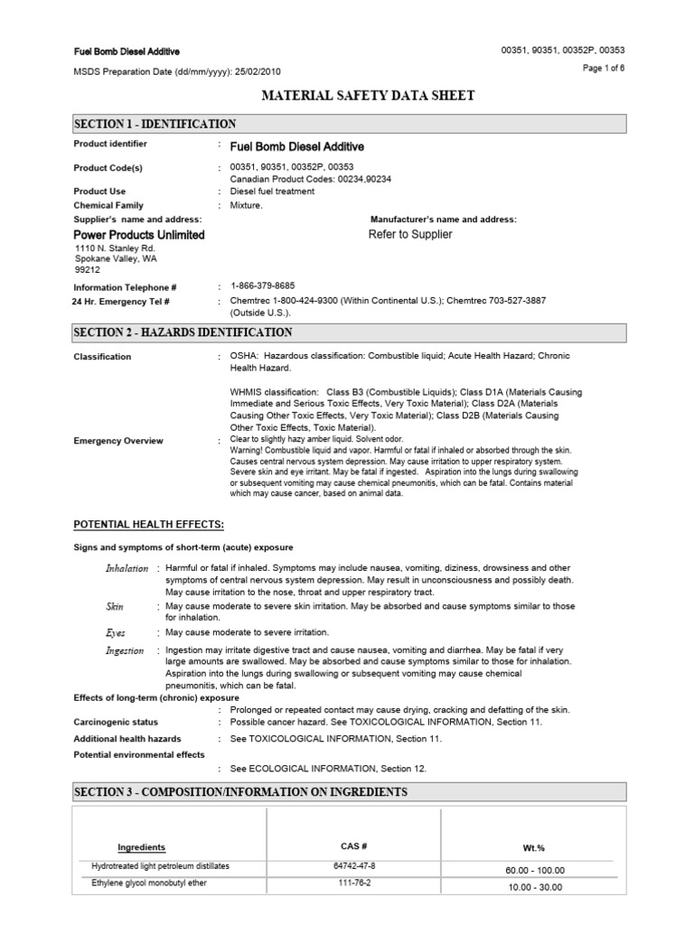 MSDS - Fuel Bomb Diesel Additive | PDF | Firefighting | Waste