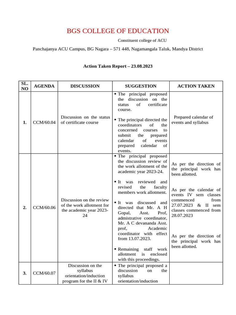 Action Taken Report - BGS College | PDF | Learning | Teaching