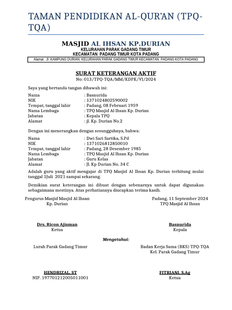 Surat Keterangan Aktif Guru Tpq | PDF