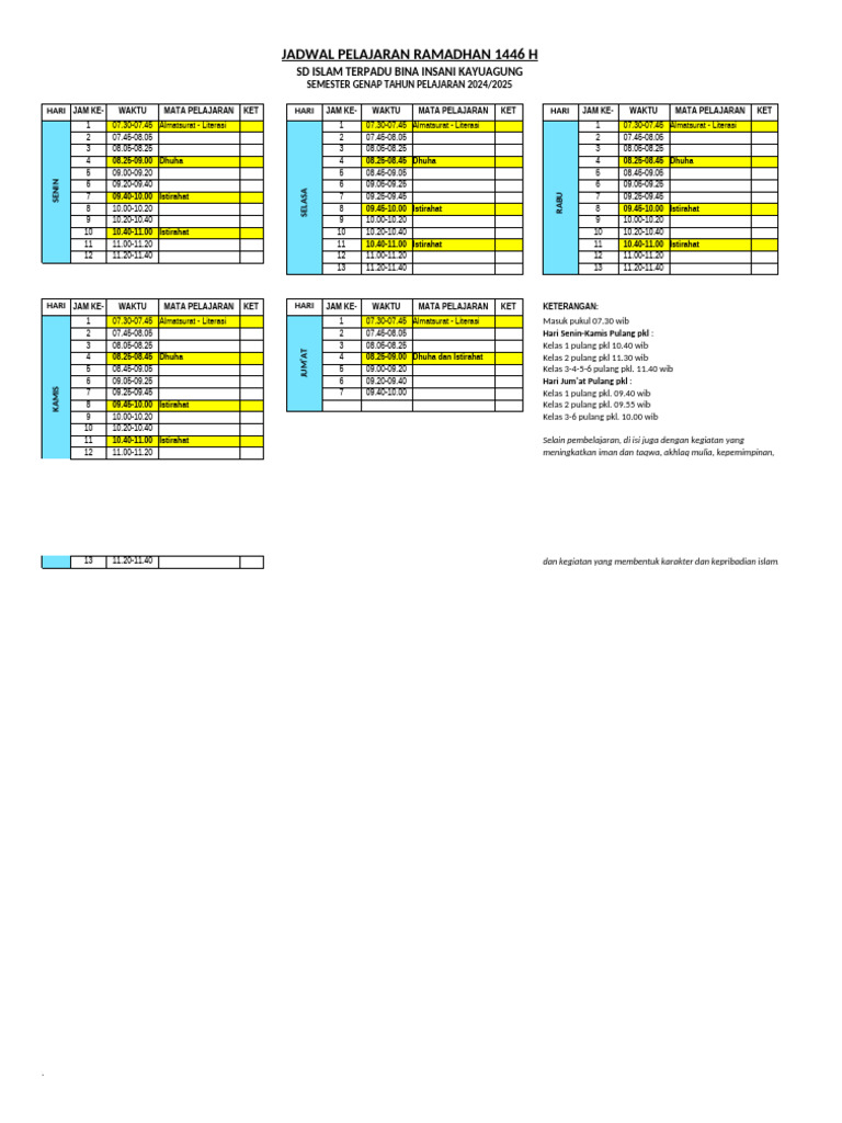 Jadwal Pelajaran Ramadhan 2024 2025 Semester Genap | PDF