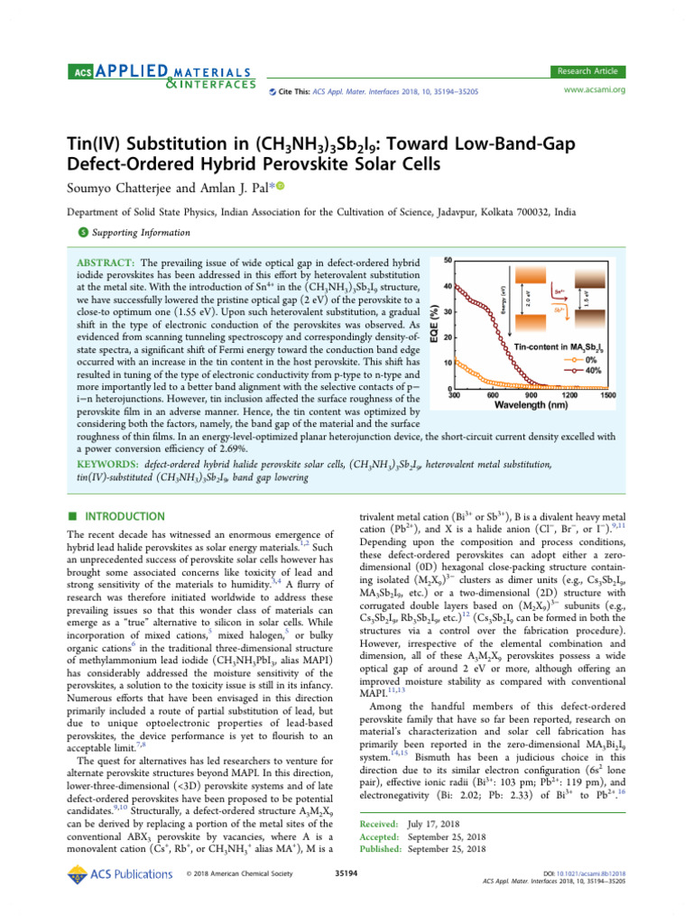 Chatterjee Pal 2018 Tin (Iv) Substitution in (ch3nh3) 3sb2i9 Toward Low Band Gap Defect Ordered ...