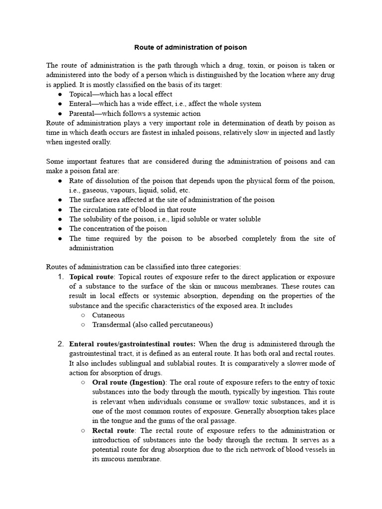 Routes of Poison Administration Explained | PDF | Peritoneum | Pharmacology