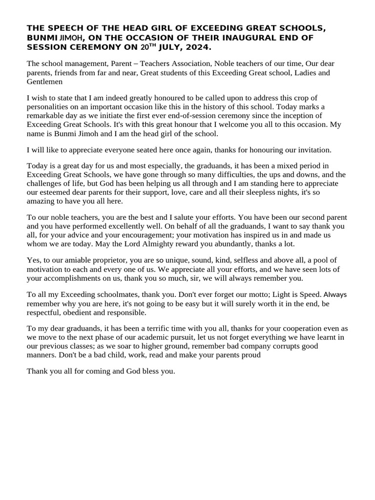 Head Girl's Speech at Graduation Ceremony | PDF