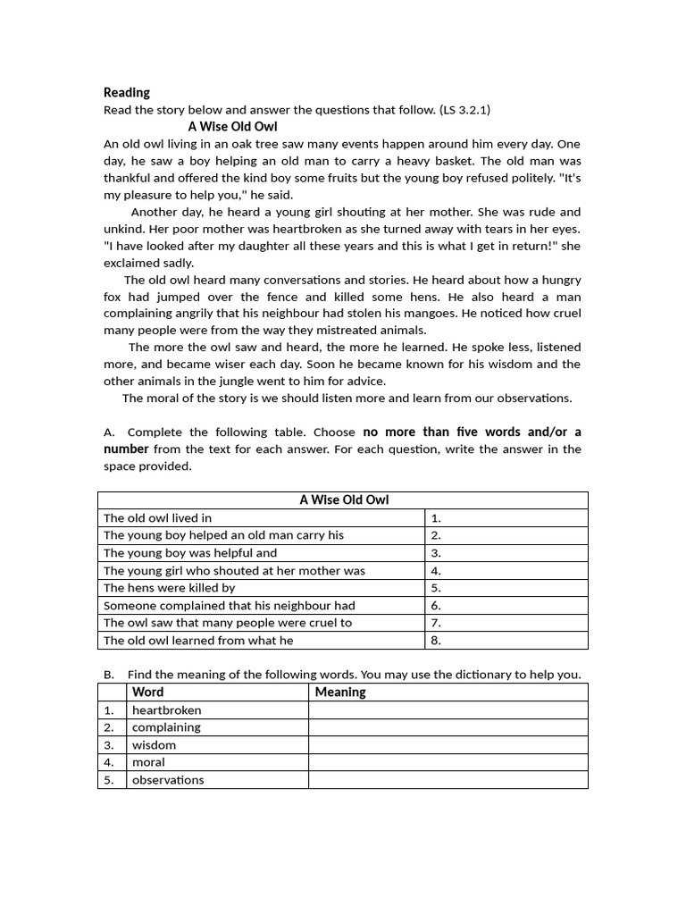Reading A Wise Old Owl | PDF