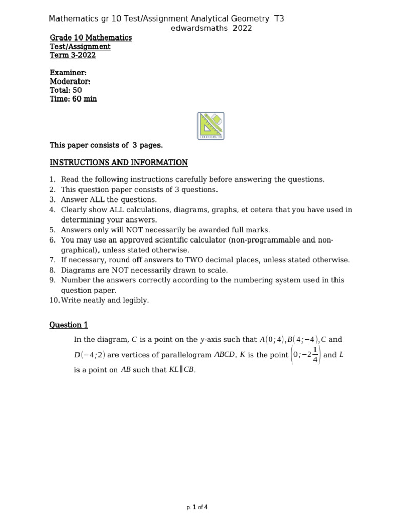 Grade 10 Analytical Geometry Test T3 | PDF | Euclidean Geometry ...