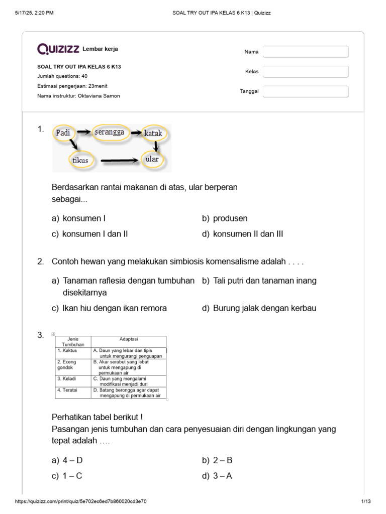 Kode Quizizz Soal IPA Kelas 6 K13 | PDF