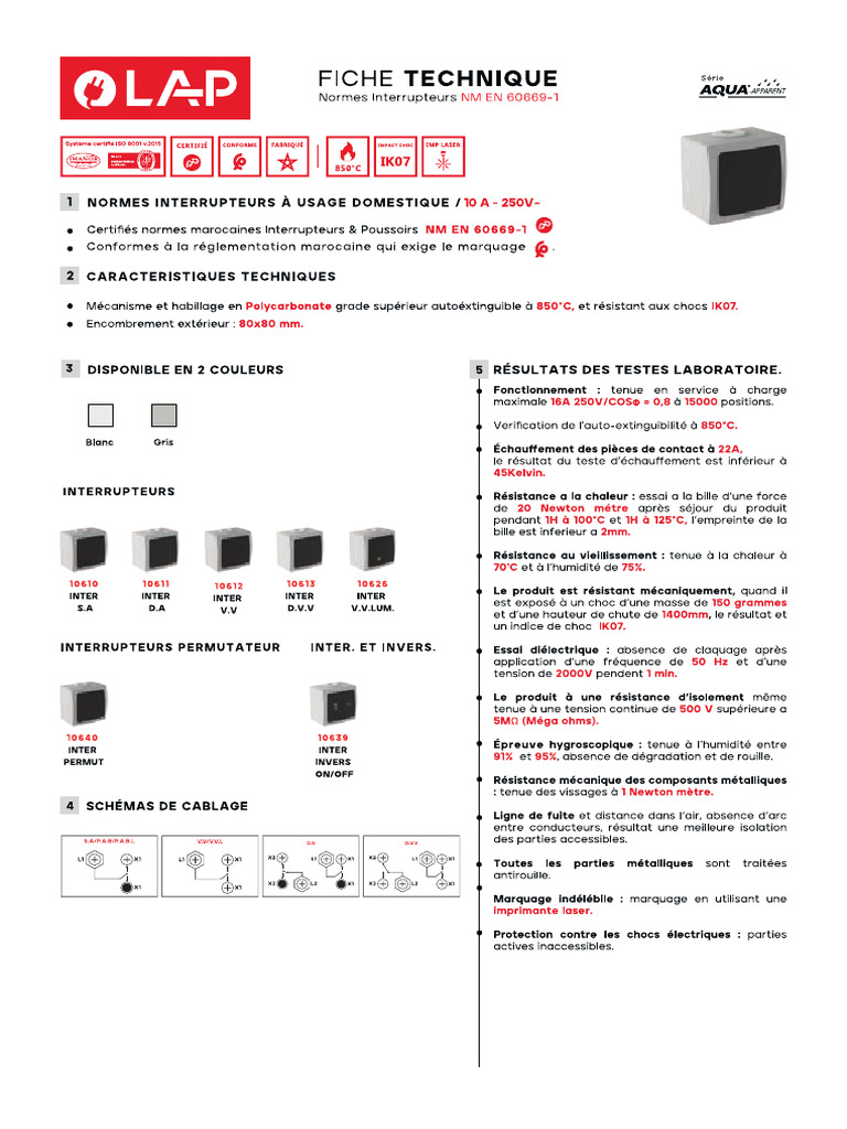 Fiche Technique Aqua Apparent Interrupteurs NM EN 60669 1 | PDF