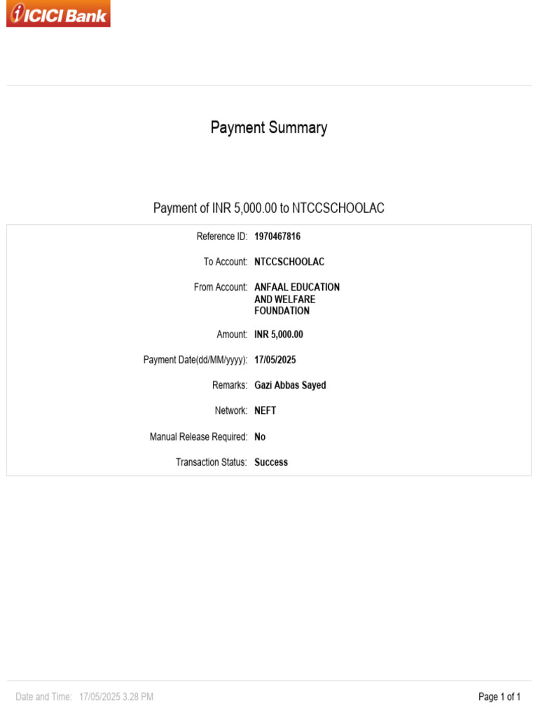 Payment Summary: Payment of INR 5,000.00 To NTCCSCHOOLAC | PDF