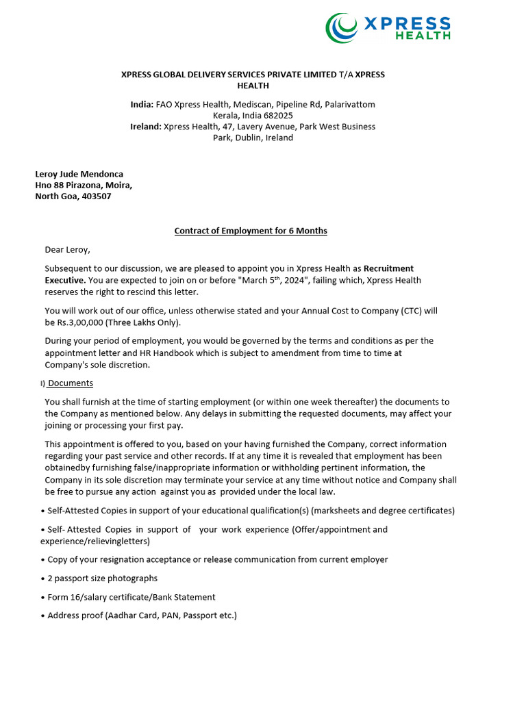 6-Month Employment Contract for Leroy | PDF | Employment | Salary