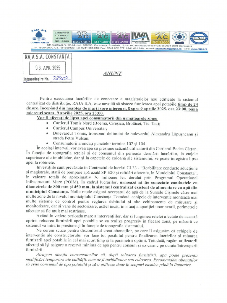 Anunt Oprire Apa - Raja Sa - 250403 - 101400 | PDF
