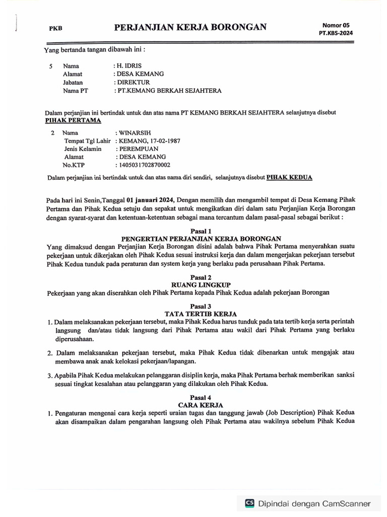 Perjanjian Kerja PT.KBS | PDF