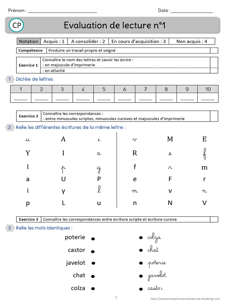 Évaluation de lecture CP Période 1 | PDF | Syllabe | Écriture bicamérale