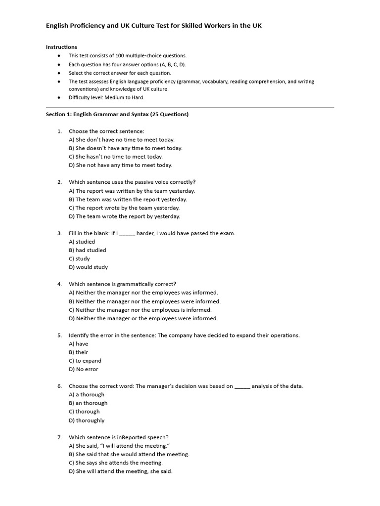 English Proficiency and UK Culture Test For Skilled Workers in The UK ...