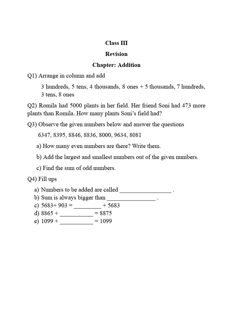 Class III Revision of Addition | PDF