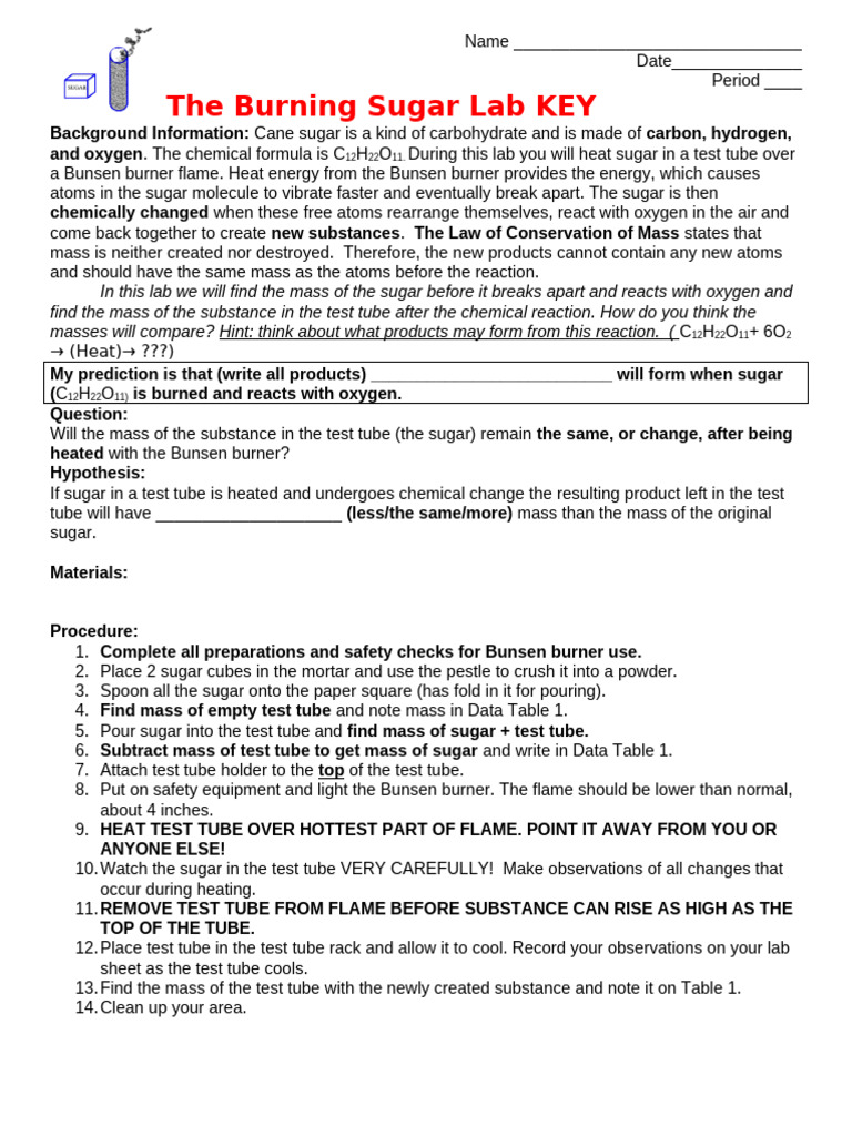 The Burning Sugar Lab KEY | PDF | Gases | Chemical Reactions