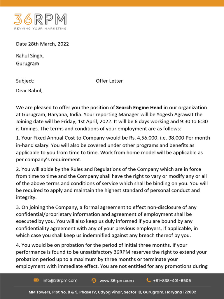Bahrain Job Offer Letter to Rahul Singh | PDF | Employment | Salary