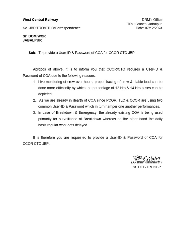 Coa User Id Letter | PDF