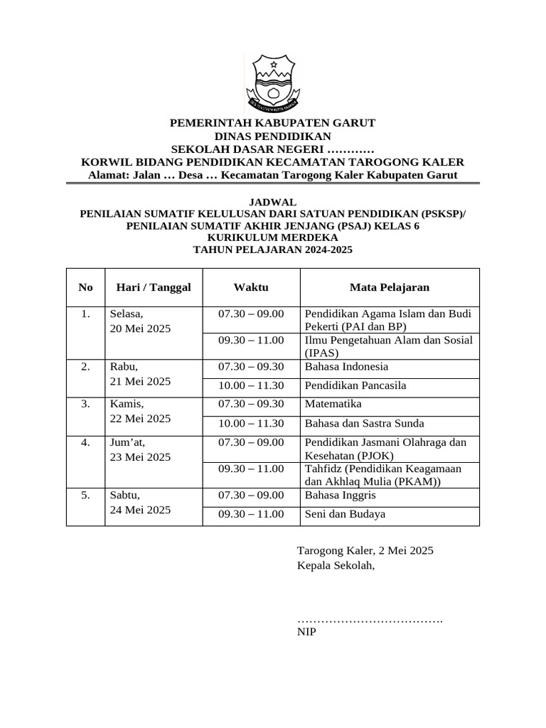 # Jadwal PSKSP Tertulis Kelas 6 Tahun Pelajaran 2024-2025 (2025) Kurmer | PDF