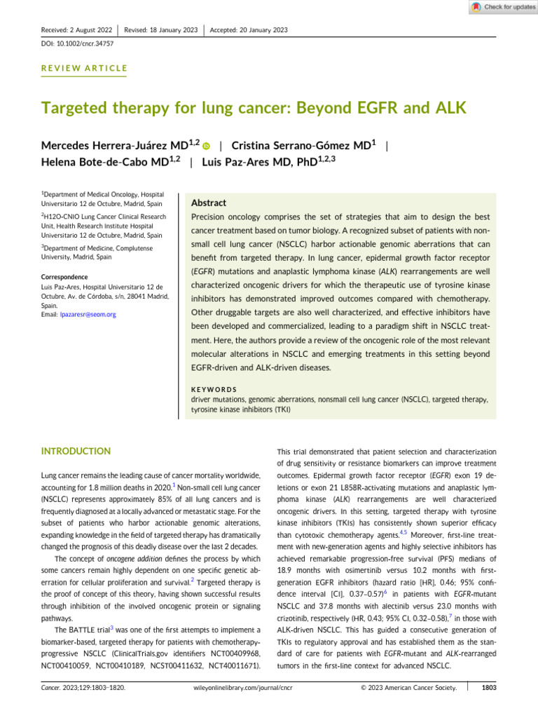 Cancer - 2023 - Herrera Juárez - Targeted Therapy For Lung Cancer Beyond EGFR and ALK | PDF ...