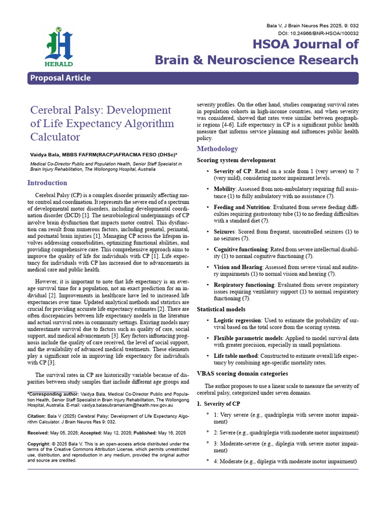 Cerebral Palsy Development of Life Expectancy Algorithm Calculator ...