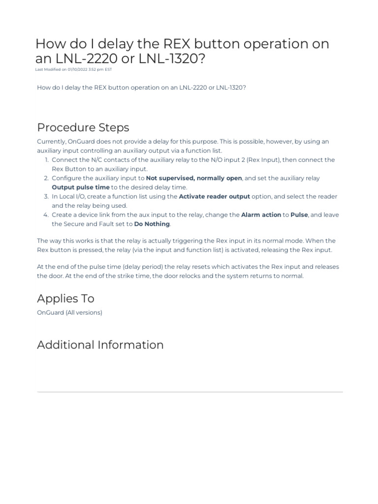 How Do I Delay The REX Button Operation On An LNL 2220 or LNL 1320 | PDF