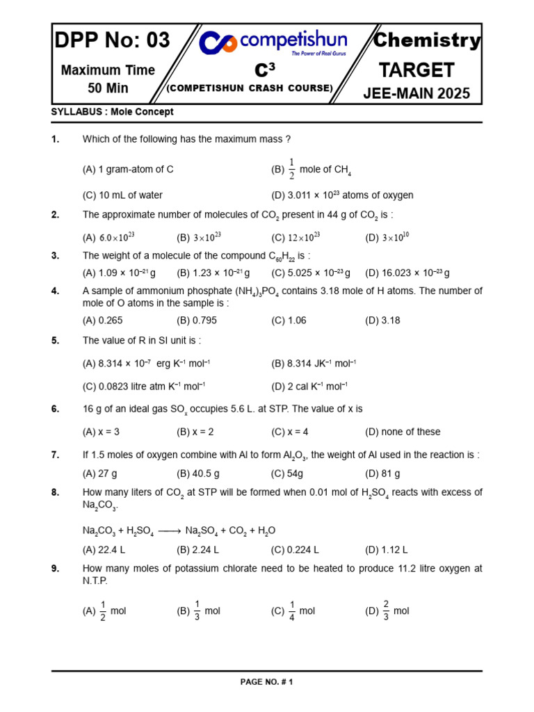Student Copy - DPP-3 (Mole Concept) | PDF | Mole (Unit) | Chemistry