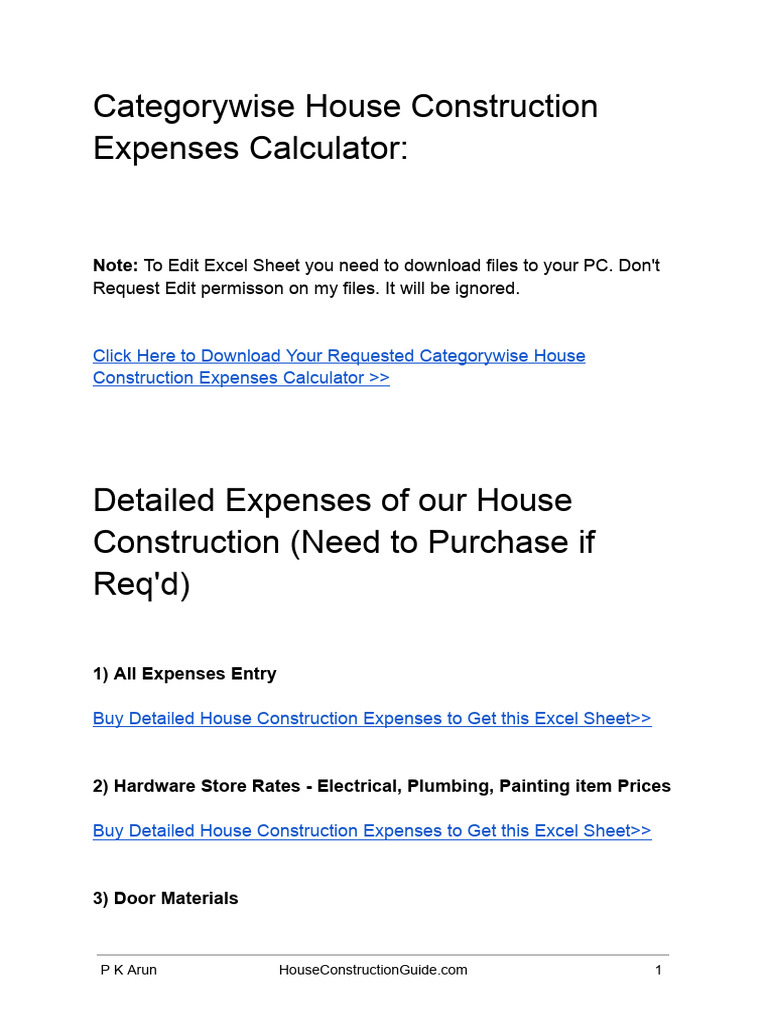 Categorywise Construction Expenses Calc | PDF