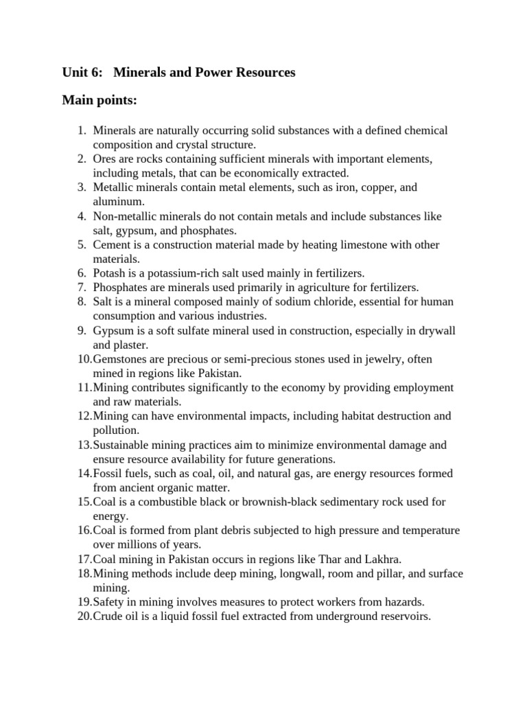Unit 6 Minerals And Power Resources Reinforcement Pdf Renewable