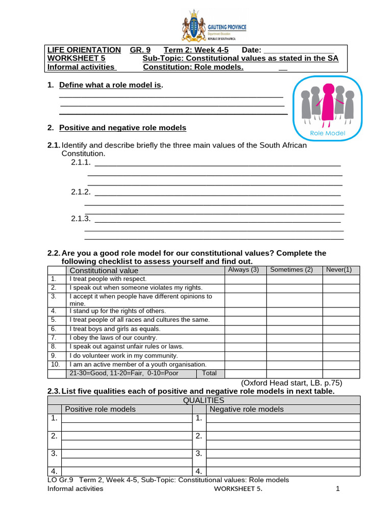 Gr. 9, Term 2, Week 4-5, Constitutional Values, Role Models | PDF