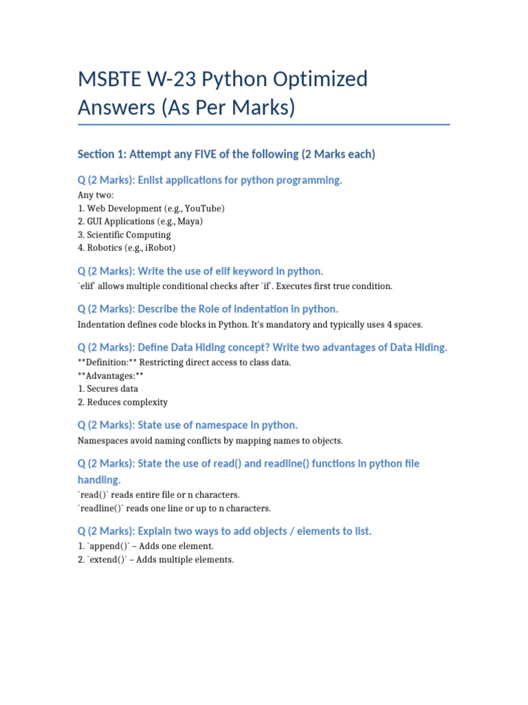 MSBTE W23 Python Optimized Answers Full | PDF | Python (Programming ...