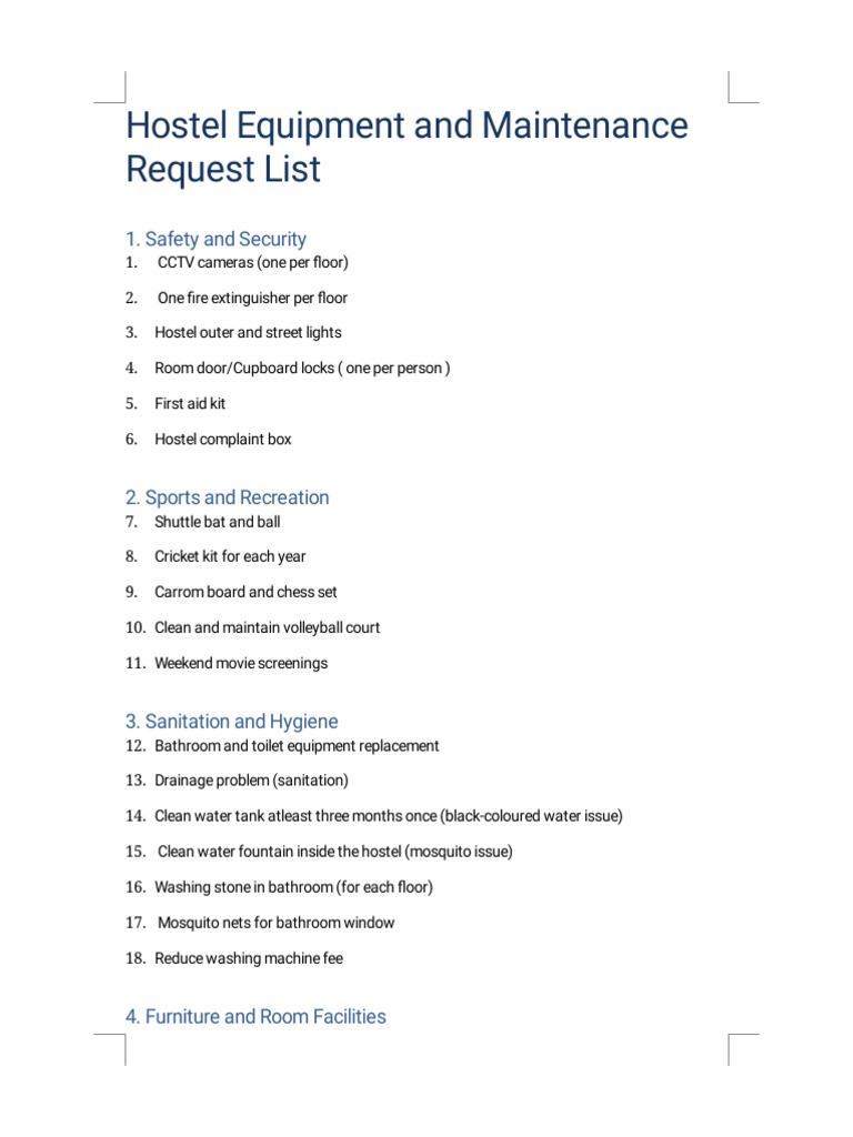 Hostel Equipment Maintenance Request List | PDF