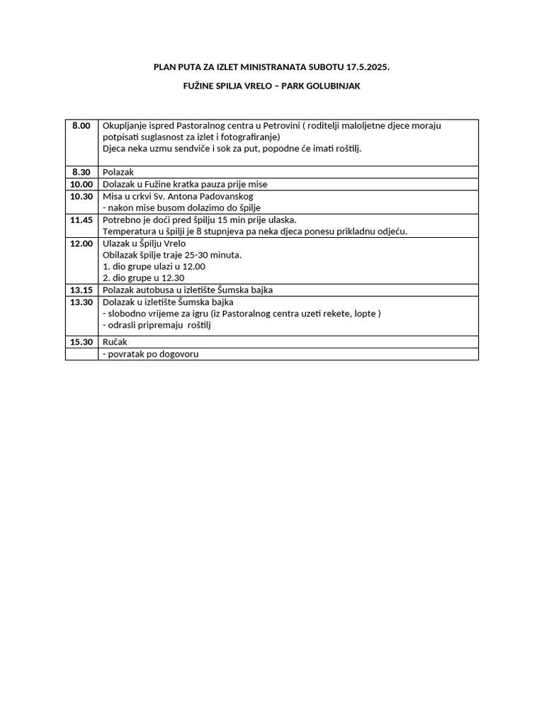 Plan Puta Za Izlet Ministranata Subotu 17.5.2025. Fužine Spilja Vrelo - Park Golubinjak | PDF
