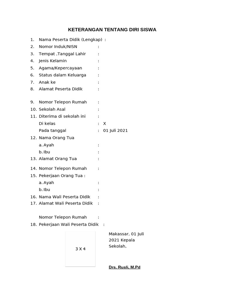 Keterangan Tentang Diri Siswa - Docx Kls X | PDF