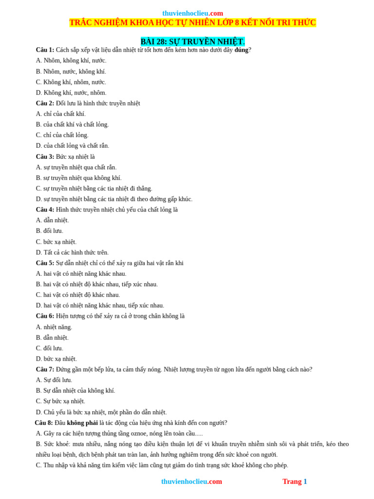 Trac Nghiem KHTN 8 KNTT Bai 28 | PDF