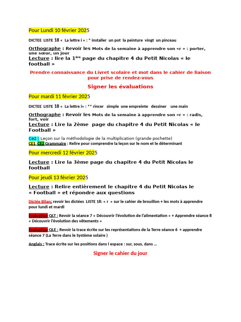 Programme scolaire du 10 au 13 février 2025 | PDF