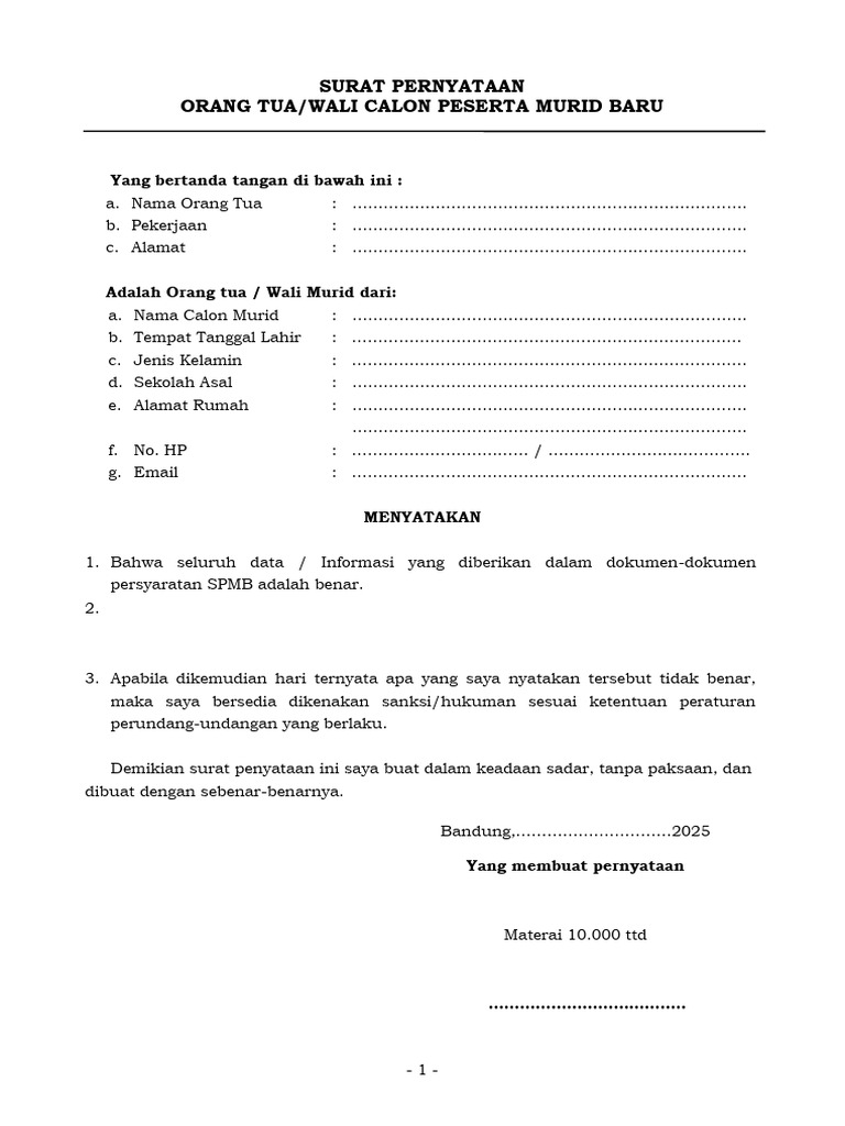Contoh Surat Pernyataan Ortu Calon PPDB 2025-2026 | PDF