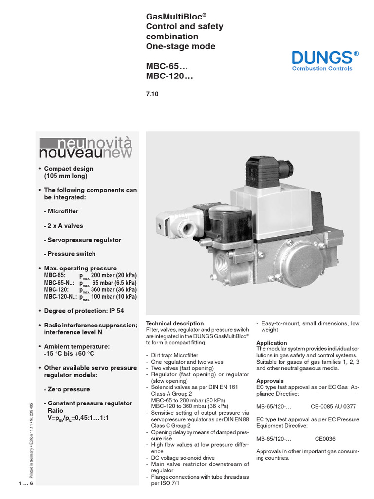 Datasheet Gasmultibloc MBC 65 120 | PDF | Valve | Electricity