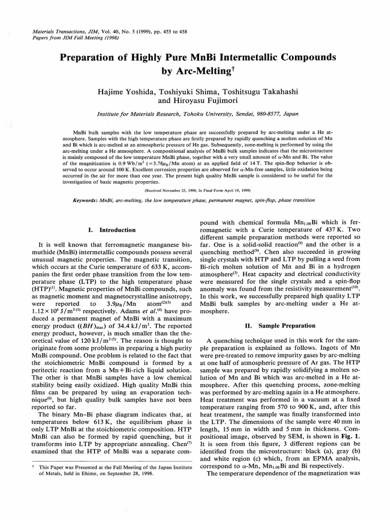 1999 - Preparation of Highly Pure MnBi Intermetallic Compounds by Arc Melting | PDF