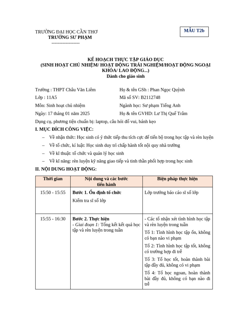 Ngoc Quynh_t2b_ke Hoach to Chuc Hoat Dong Giao Duc (1) | PDF