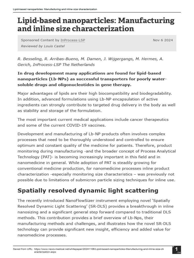 Lipid Based Nanoparticles Manufacturing and Inline Size Characterization | PDF | Liposome ...