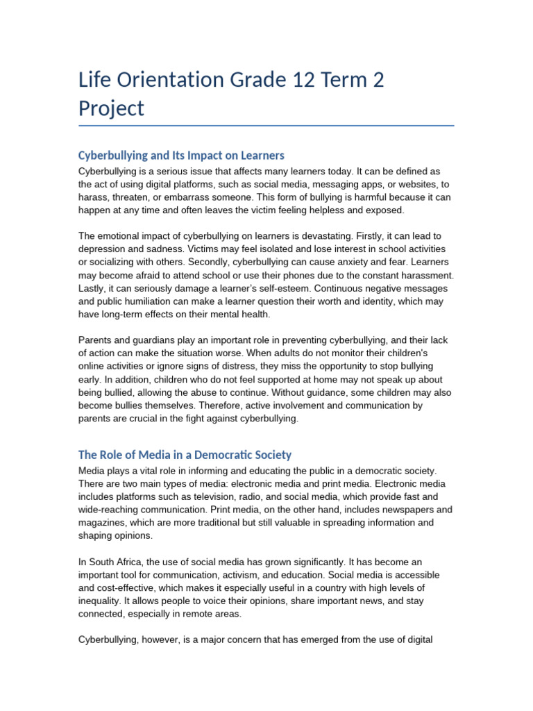 LO Grade12 Term2 Project | PDF | Cyberbullying | Bullying