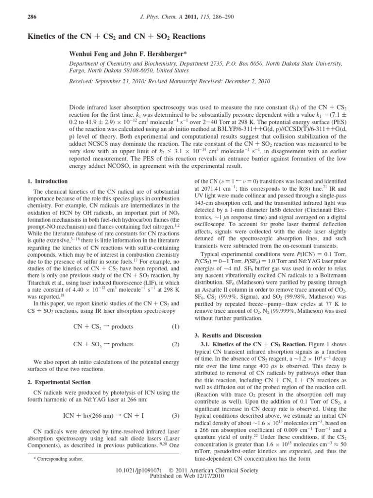 CN Radical Reactions with CS2 and SO2 | PDF | Chemical Reactions ...