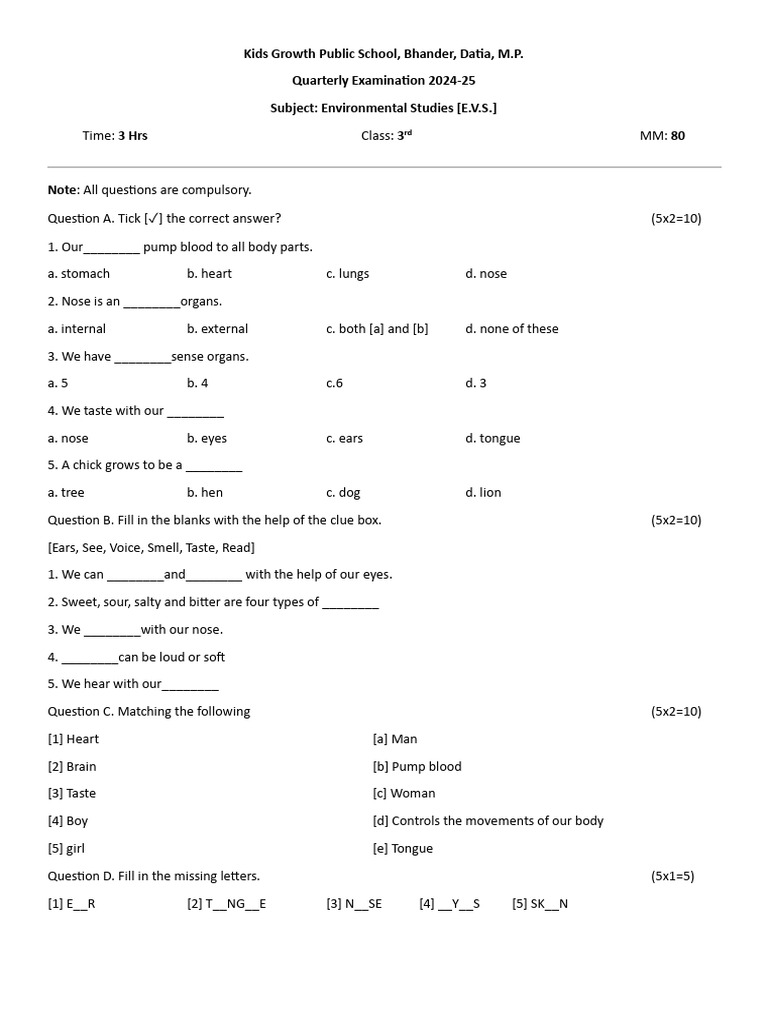 Kids Growth Public School Subject EVS Class 3rd | PDF | Taste | Senses